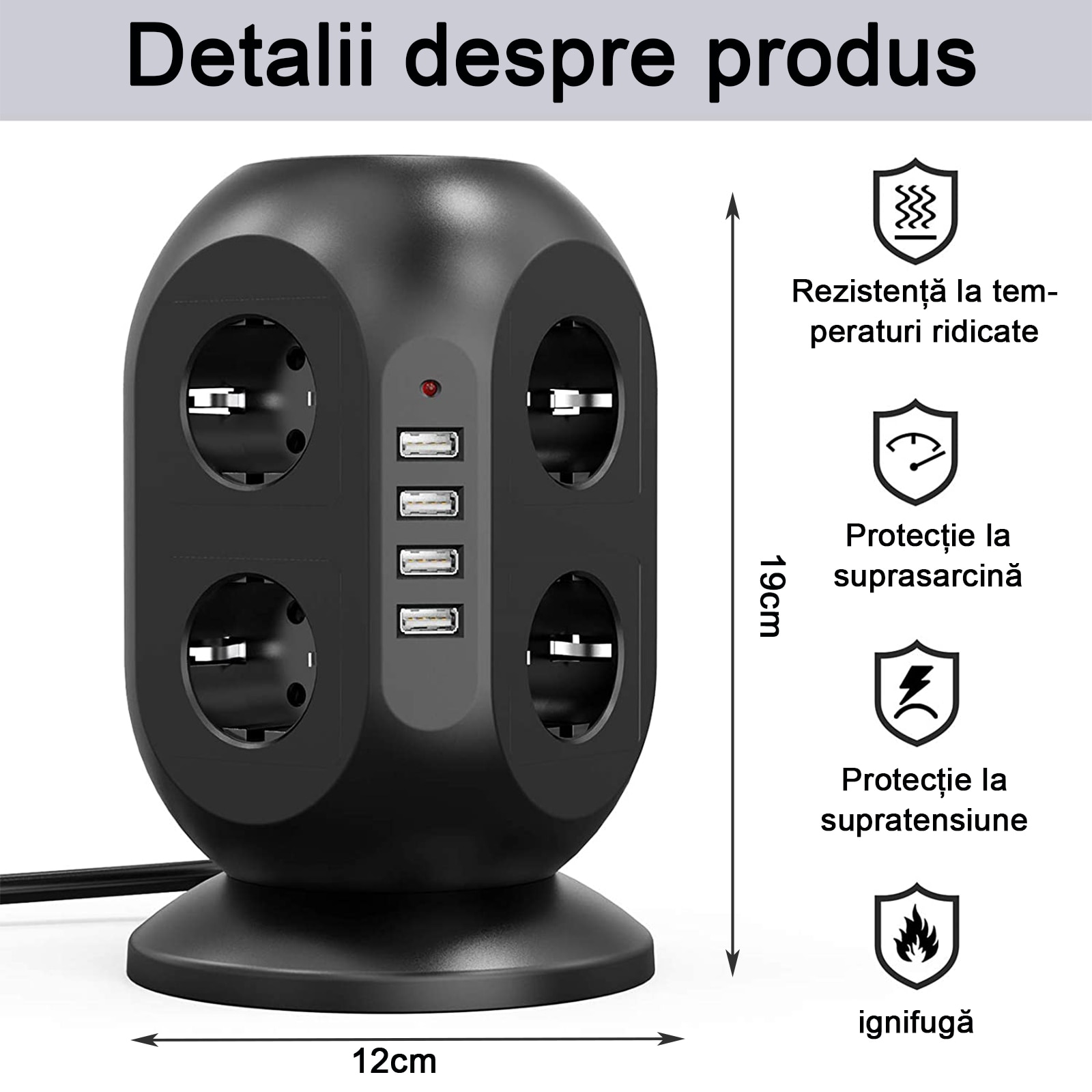 Cablu prelungitor de turn, NUODWELL, priza cu 12 gauri, 4 USB, miez ...