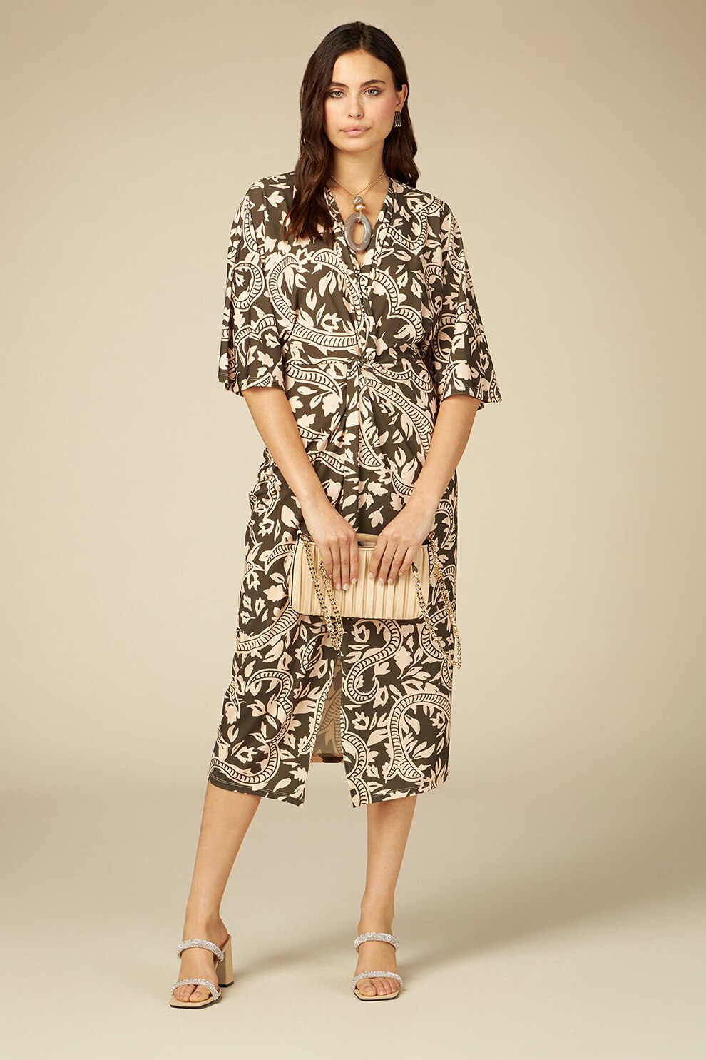 Oltre, Rochie midi cu maneci chimono, Alb, Verde militar, M - eMAG.ro