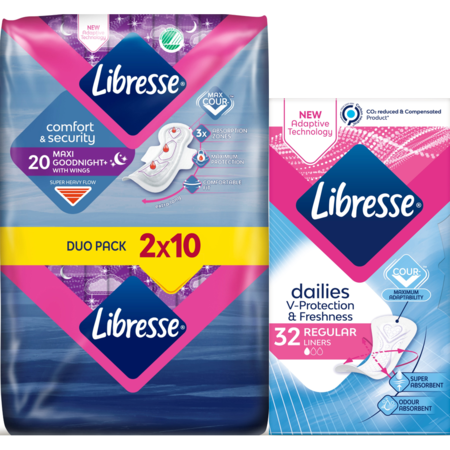 Pachet: Absorbante Libresse Maxi Goodnight Duo, 20 bucati & Absorbante ...