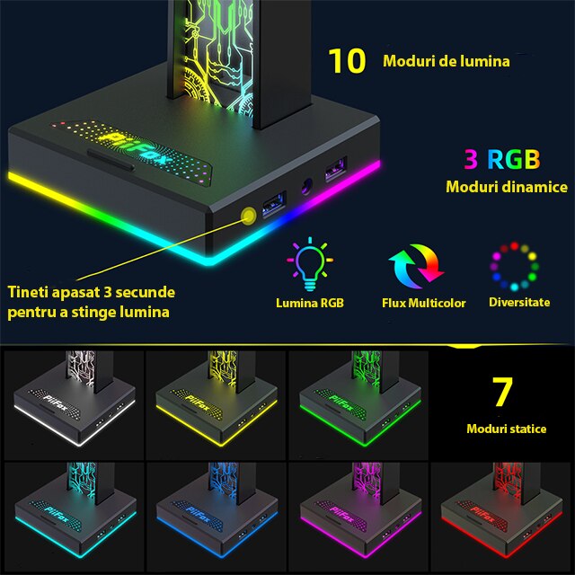 Stand pentru Casti de Gaming cu iluminare RGB, 2 Porturi USB, Mufa Aux ...