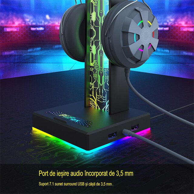 Stand pentru Casti de Gaming cu iluminare RGB, 2 Porturi USB, Mufa Aux ...