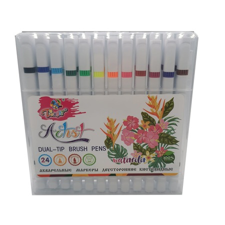 Set 24 de Carioci Profesionale Watercolor, cap dublu, penar din plastic ...