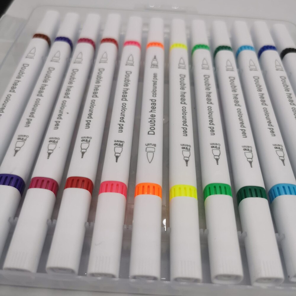 Set 24 de Carioci Profesionale Watercolor, cap dublu, penar din plastic ...