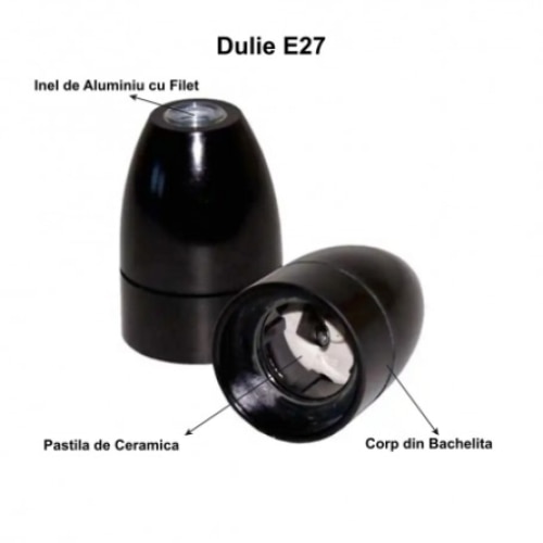 Dulie neagra pentru becuri E27, realizata din bachelita cu miez ceramic ...