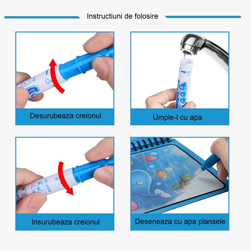 Set 6 carti de colorat cu apa, Magic water Book, reutilizabile, 24 ...