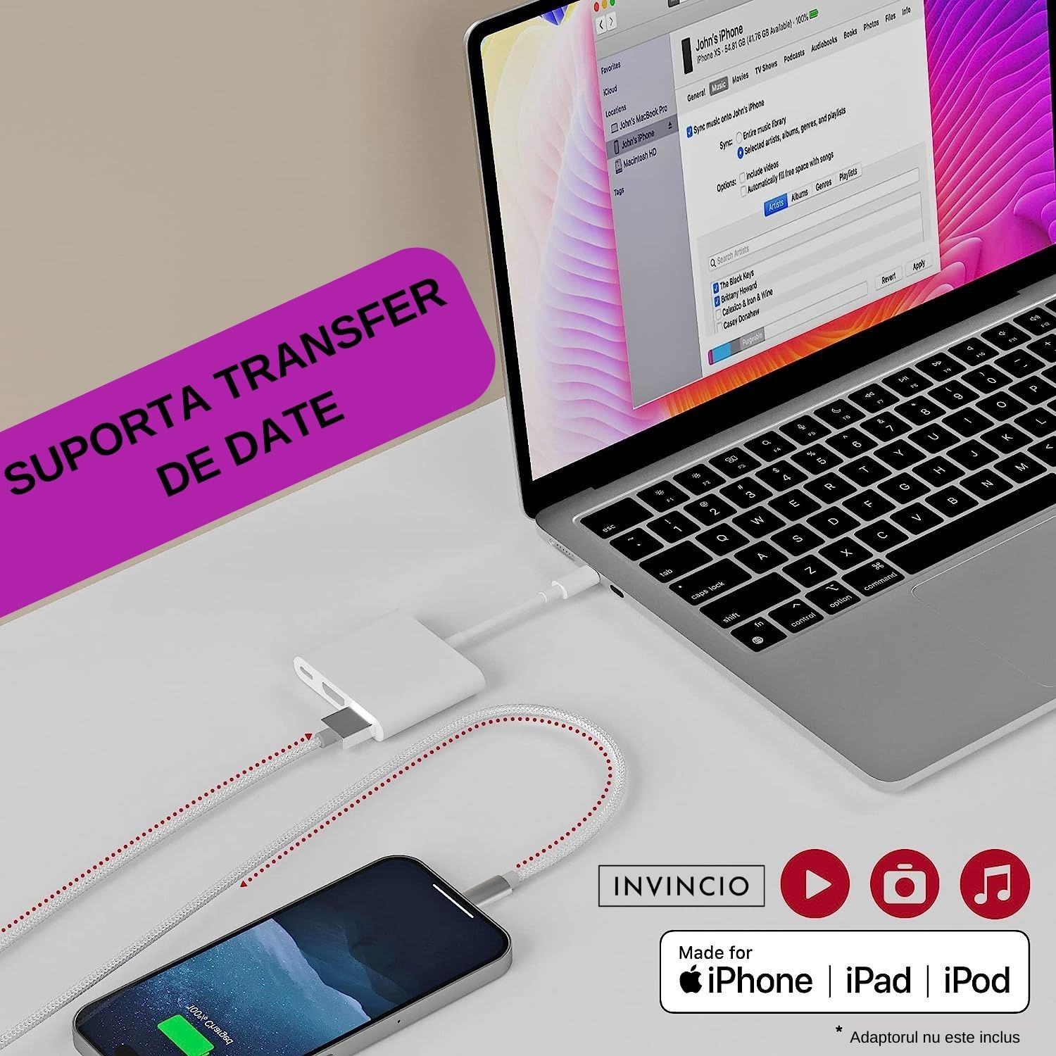Cablu transfer date si incarcare, INVINCIO®, de la USB-A la Lightning ...