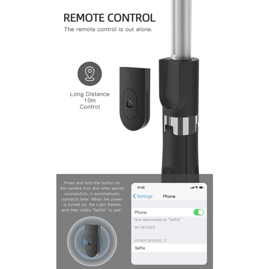 Selfie stick 2 in 1, Zola®, cap rotativ 360 °, reglabil, lungime maxima ...