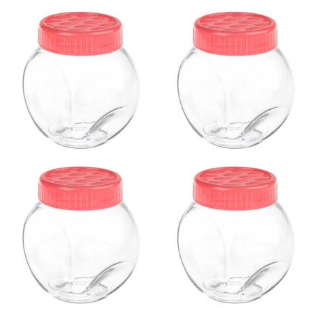 Set 4 borcane cu capac cu filet, plastic/sticla, rosu/transparent, 750 ...