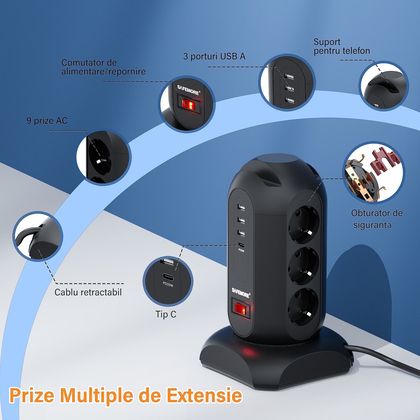 Prelungitor tip turn, SAFEMORE, 3 x USB A/1 x PD 20W USB C/9 x Prize ...