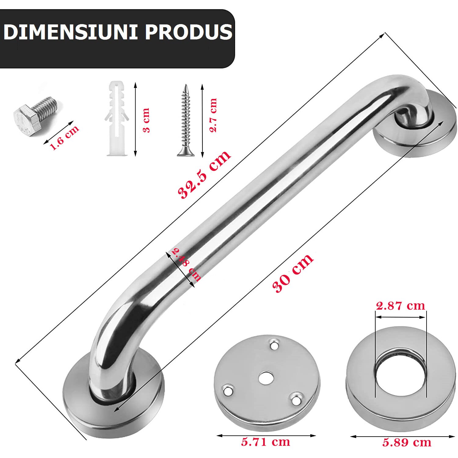 Maner sustinere, baie, sprijin, siguranta, balustrada, inox, 30 cm ...