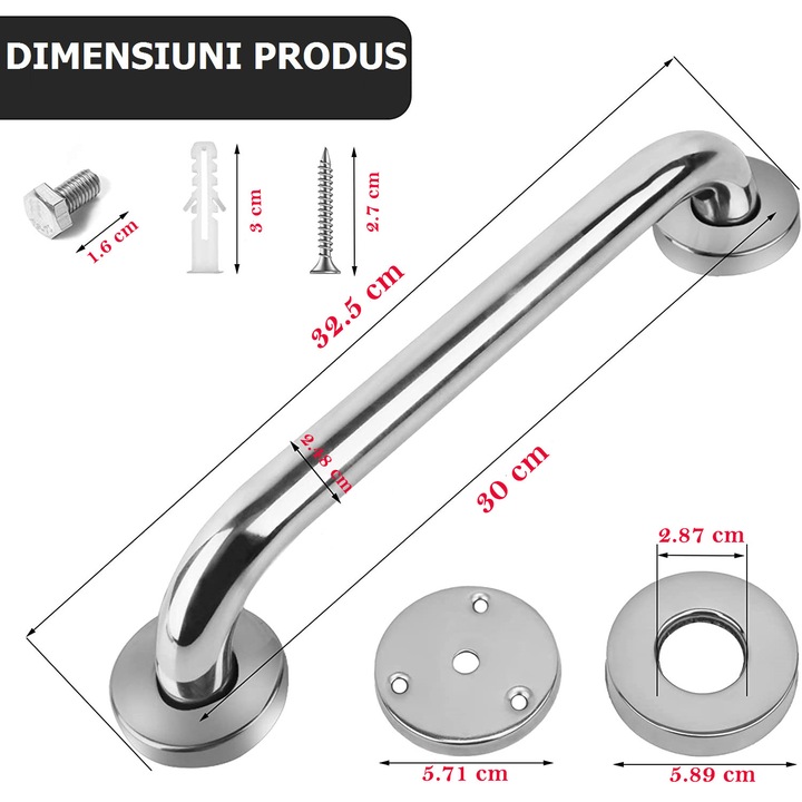 Maner sustinere, baie, sprijin, siguranta, balustrada, inox, 30 cm ...