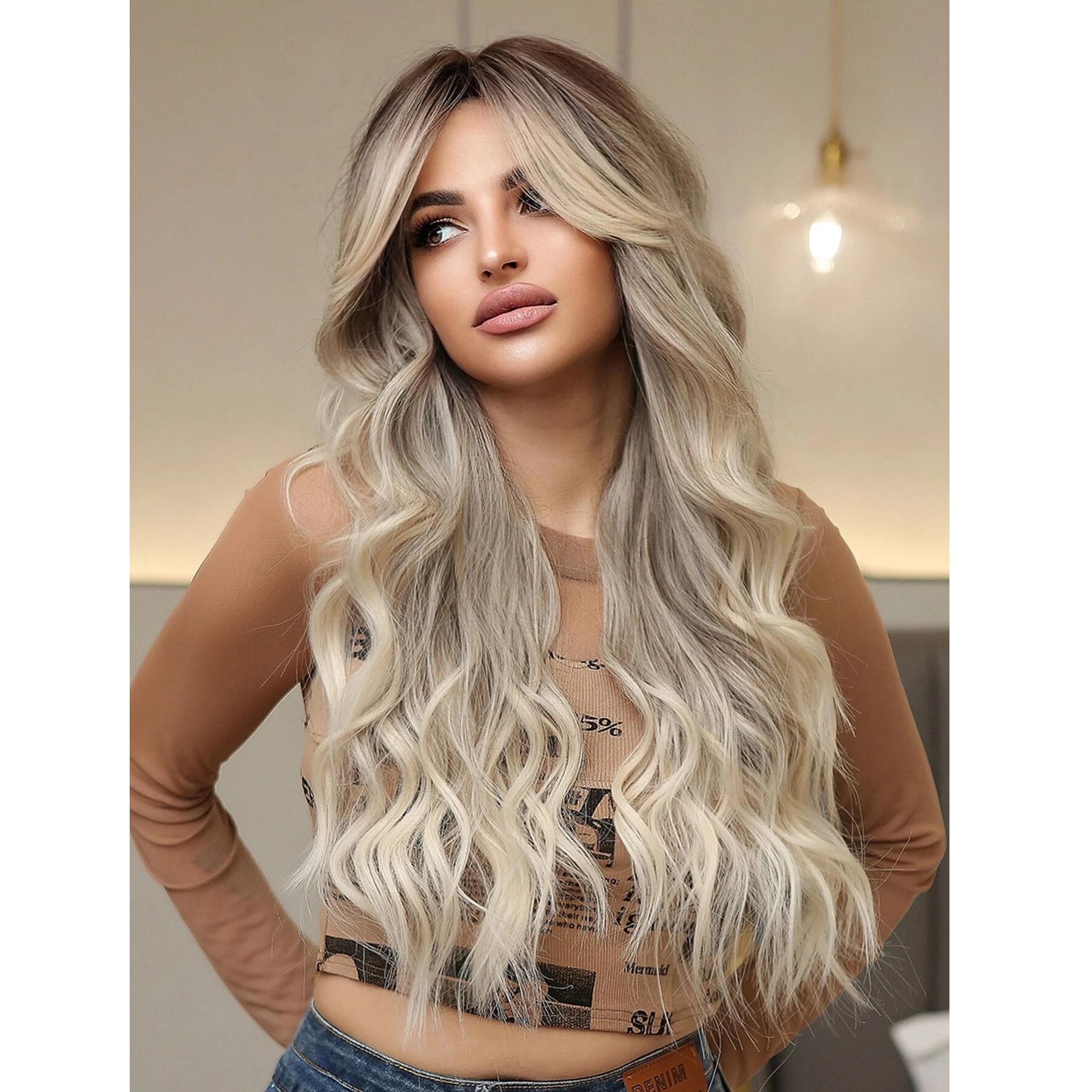 Peruca pentru femei, par lung ondulat, cu breton, imita parul natural ...