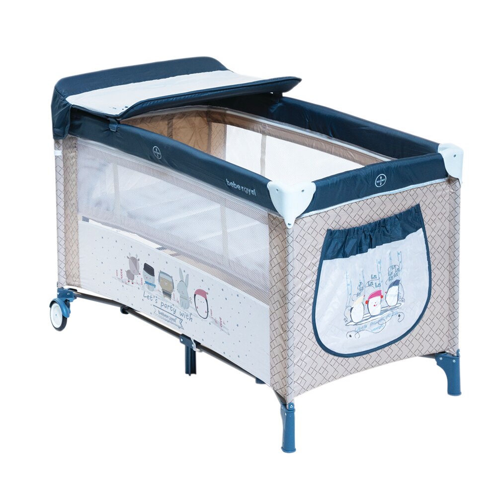 Set - Patut pliabil Little Friends Albastru solid cu 2 nivele si ...