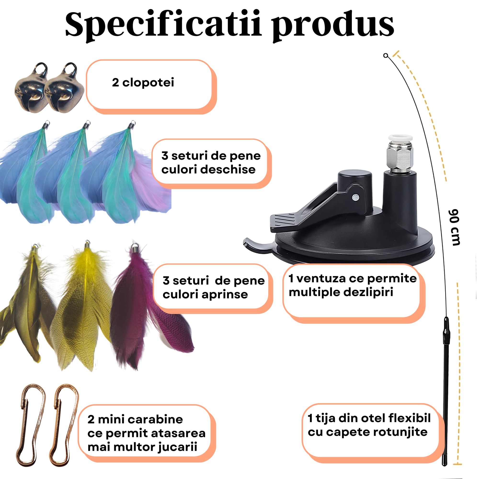Jucarie Pisici - cu ventuza, pene colorate si clopotei, Tip Undita 90 ...