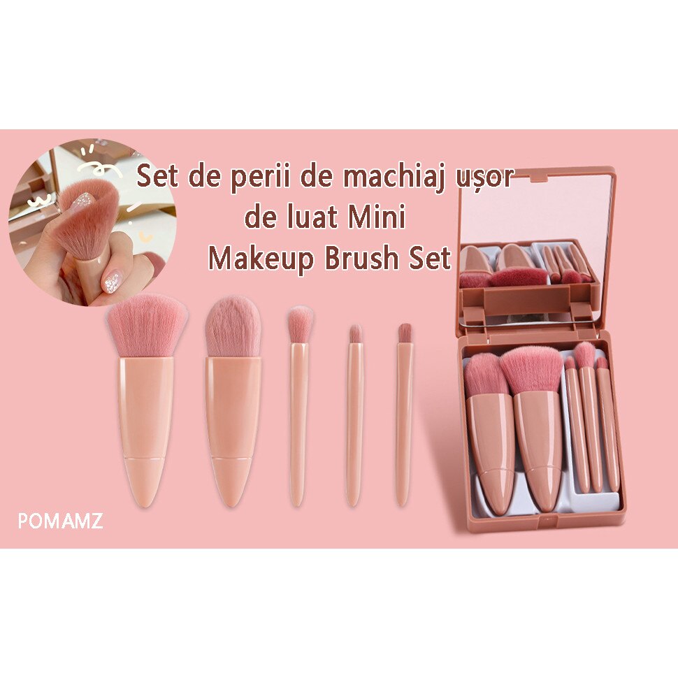 Mini set de pensule de machiaj, POMAMZ, 5 buc, cu husa, cu oglinda ...