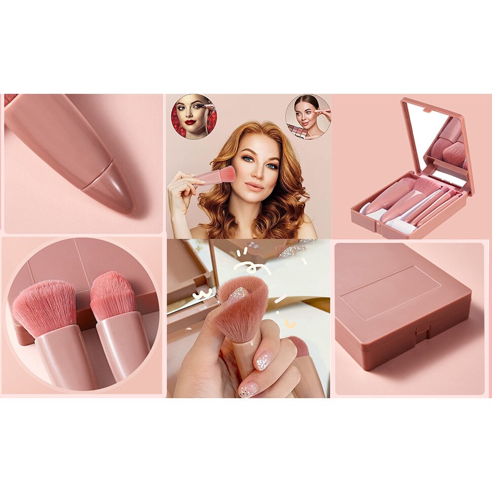 Mini set de pensule de machiaj, POMAMZ, 5 buc, cu husa, cu oglinda ...