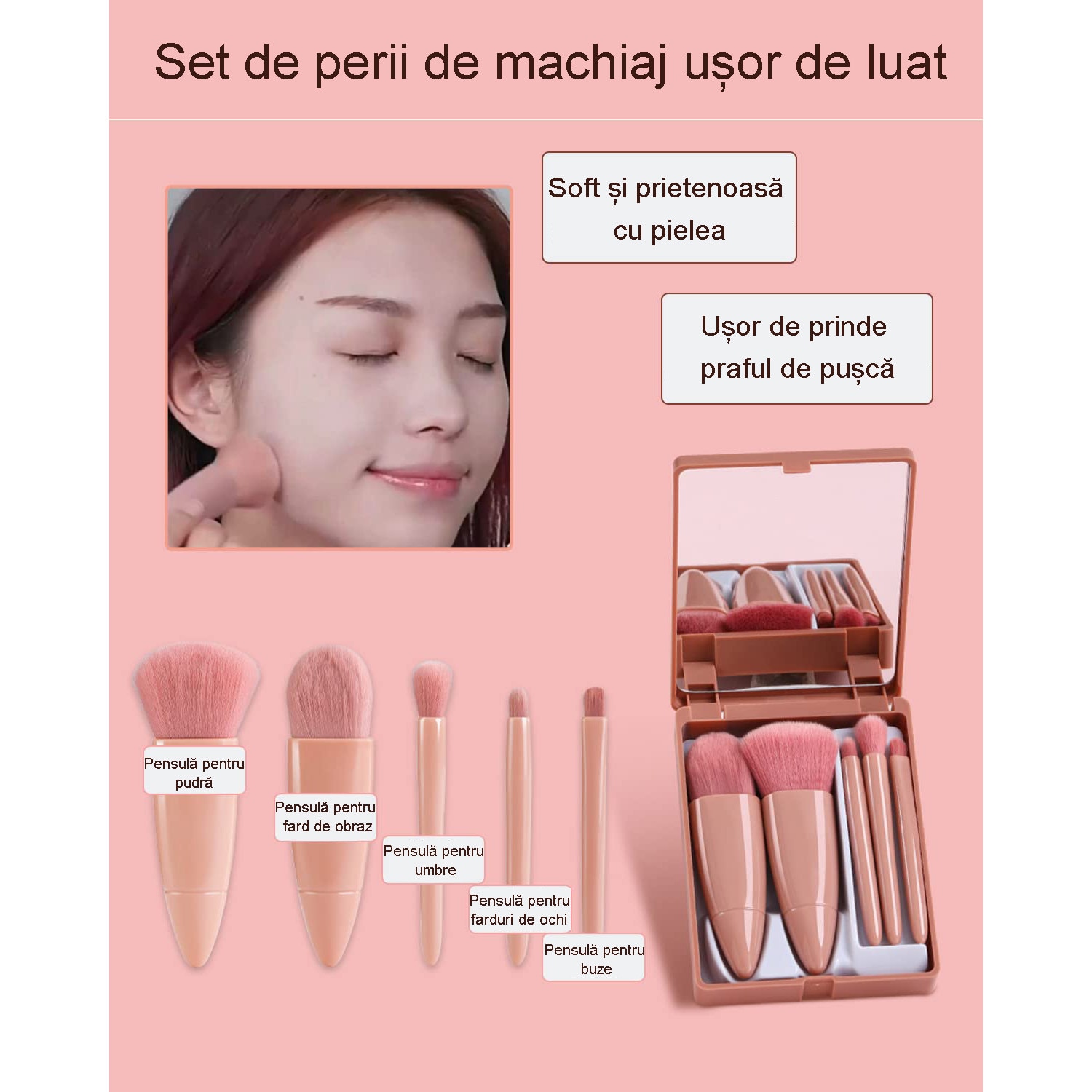 Mini set de pensule de machiaj, POMAMZ, 5 buc, cu husa, cu oglinda ...