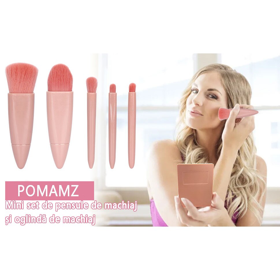 Mini set de pensule de machiaj, POMAMZ, 5 buc, cu husa, cu oglinda ...