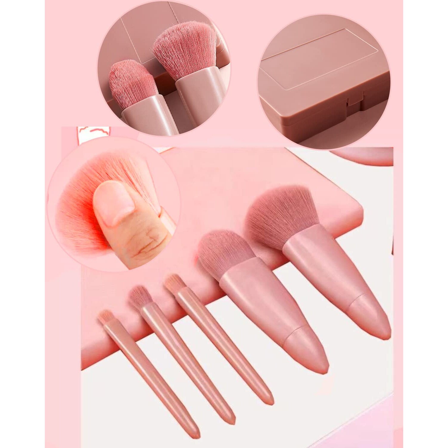 Mini set de pensule de machiaj, POMAMZ, 5 buc, cu husa, cu oglinda ...