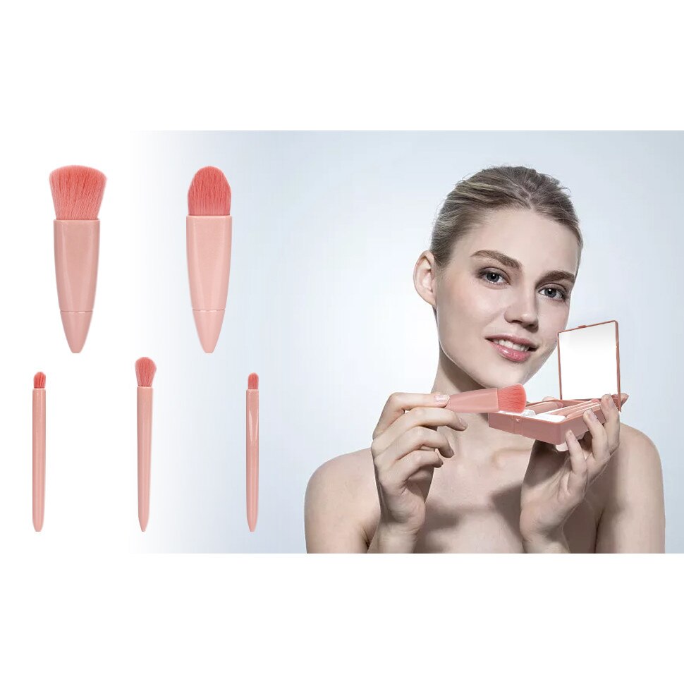 Mini set de pensule de machiaj, POMAMZ, 5 buc, cu husa, cu oglinda ...