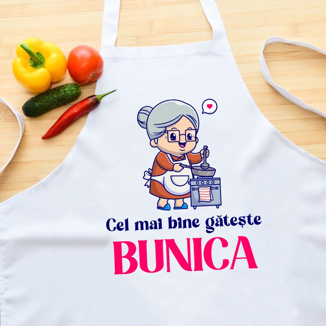 Sort de bucatarie "Cel mai bine gateste bunica", marime universala, alb ...