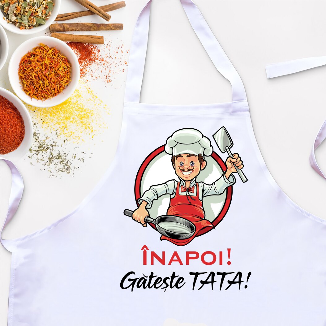 Sort de bucatarie "Inapoi gateste tata", marime universala, alb - eMAG.ro