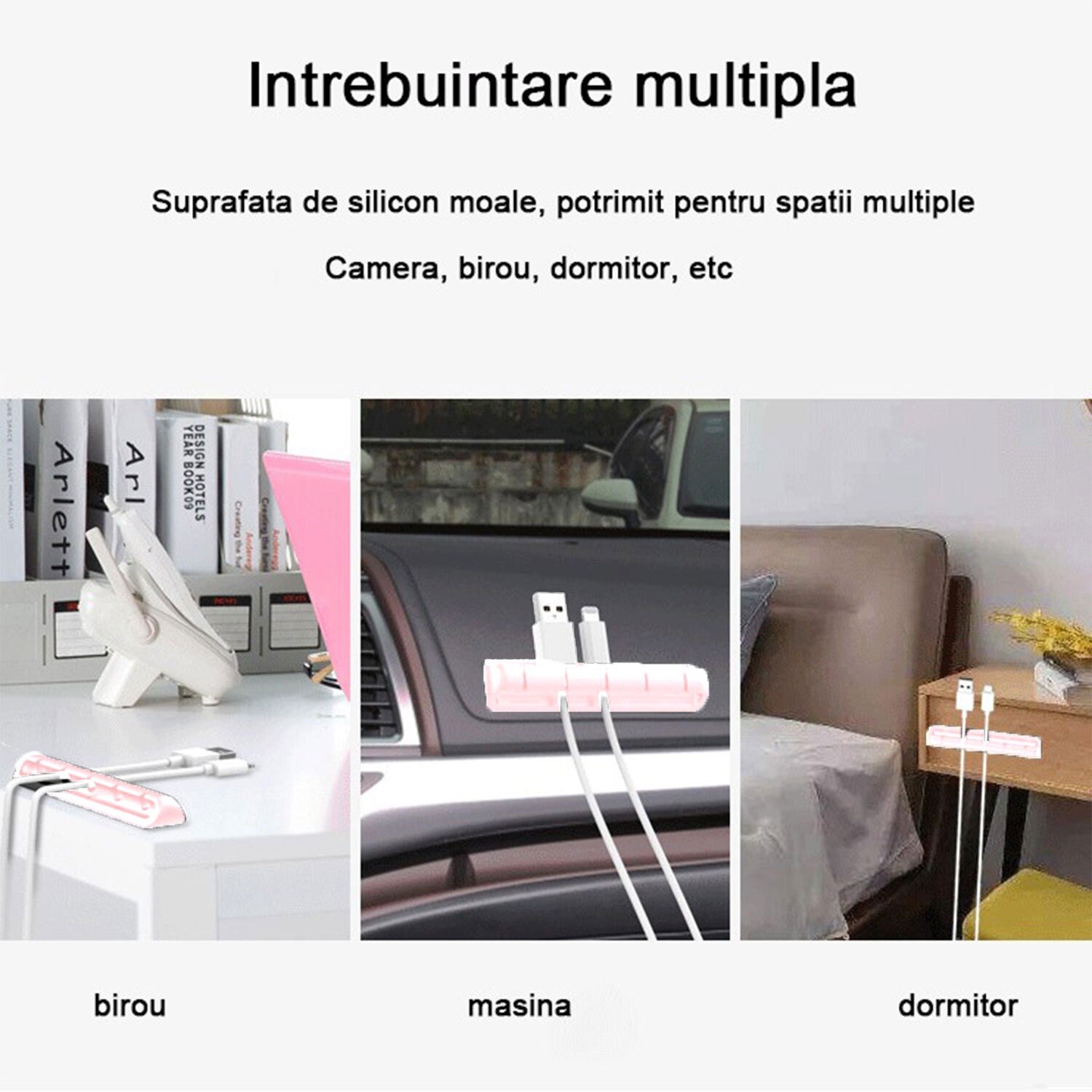 Organizator Cabluri 3 sloturi, Tzachebot®, din silicon cu banda adeziva ...