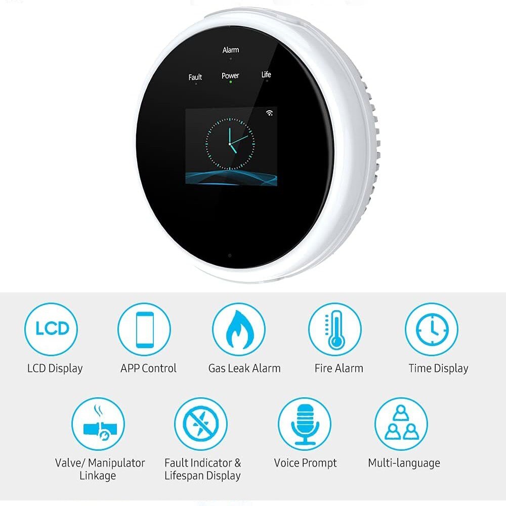 Detector de scurgeri de gaz si alarma de incendiu Techstar®, Wi-Fi, 200mA, Afisaj LCD, Control ...