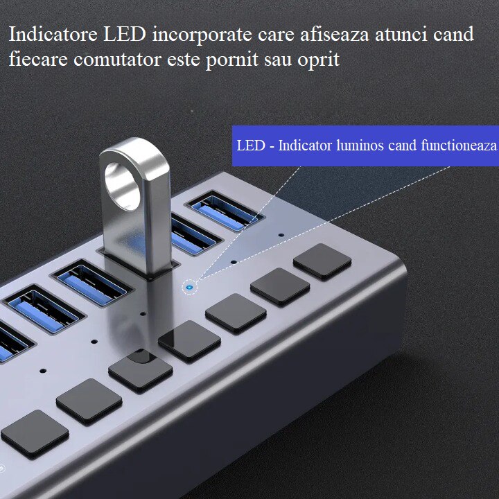 Hub USB cu 10 porturi, 3.0, Buton ON/OFF, Indicator luminos LED ...