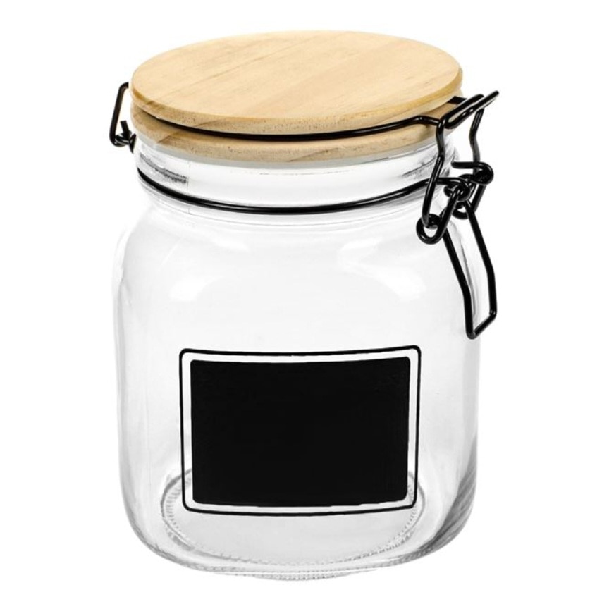 Borcan de depozitare cu eticheta, capac cu siguranta, sticla/lemn ...
