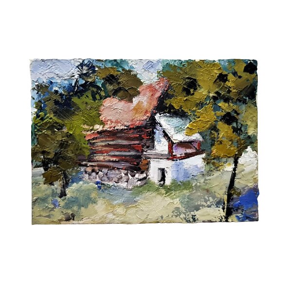 Tablou pictat manual pe panza cartonata, unicat, "La umbra padurii ...