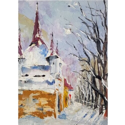 Tablou pictat manual pe panza cartonata, unicat, "Iarna in Brasovul ...