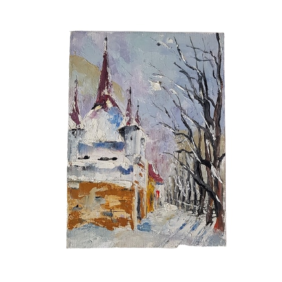 Tablou pictat manual pe panza cartonata, unicat, "Iarna in Brasovul ...
