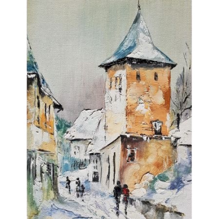 Tablou pictat manual pe panza cartonata, unicat, "Iarna citadina ...