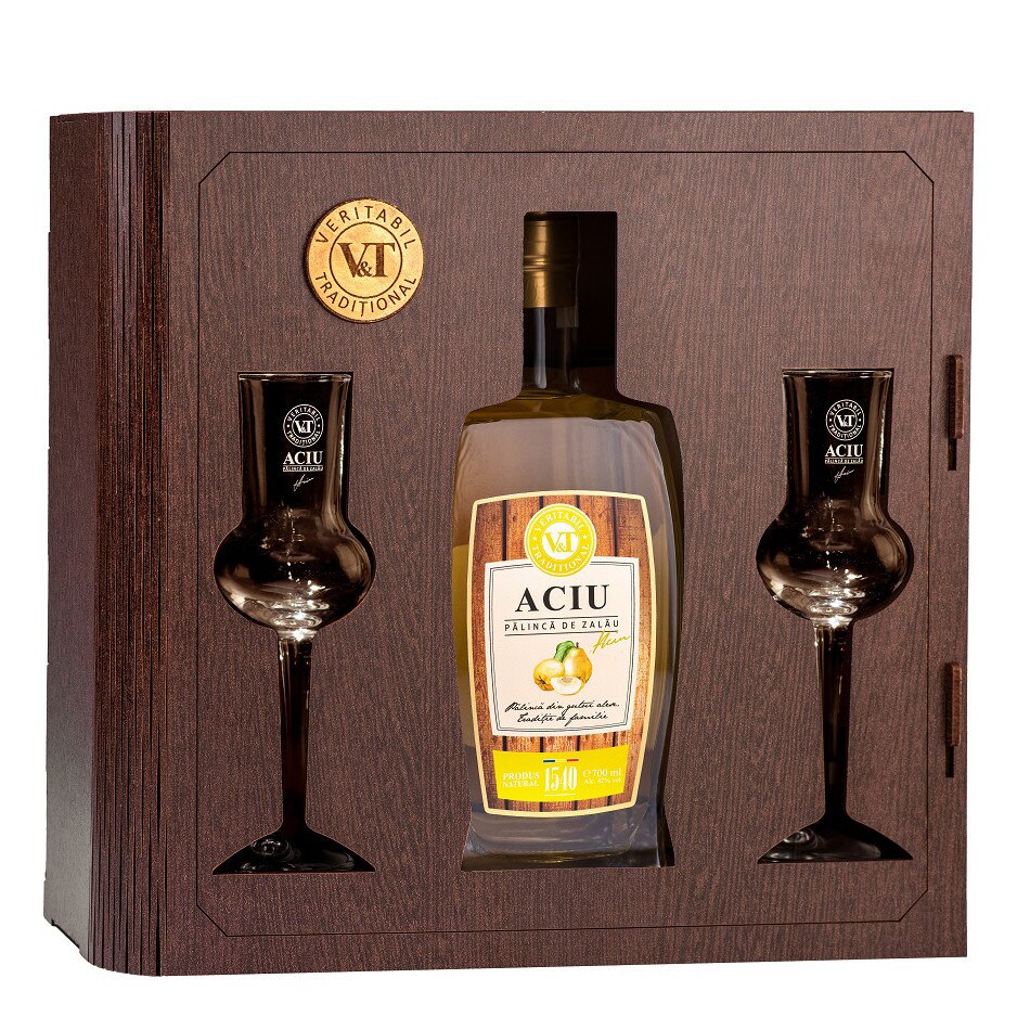 Palinca de Zalau Aciu + set 2 Pahare – Gutui 42% 0.7l - eMAG.ro