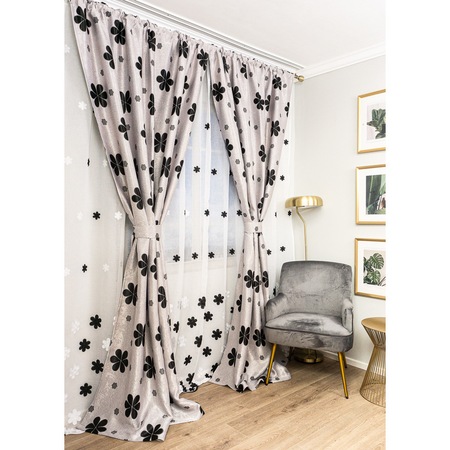 Set Harnicuta 2 Draperii Blackout Gri cu Flori Negre 2x145x245cm cu ...