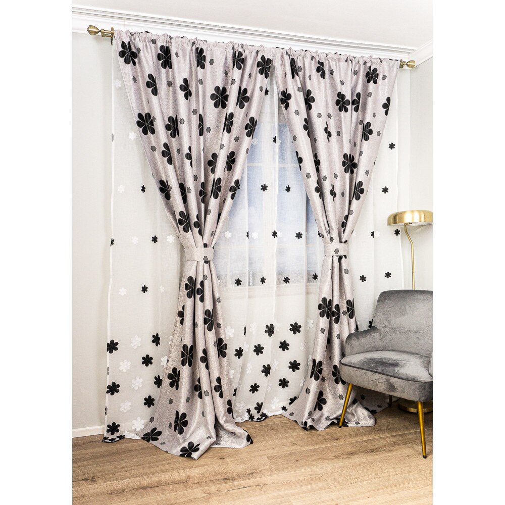 Set Harnicuta 2 Draperii Blackout Gri cu Flori Negre 2x145x245cm cu ...