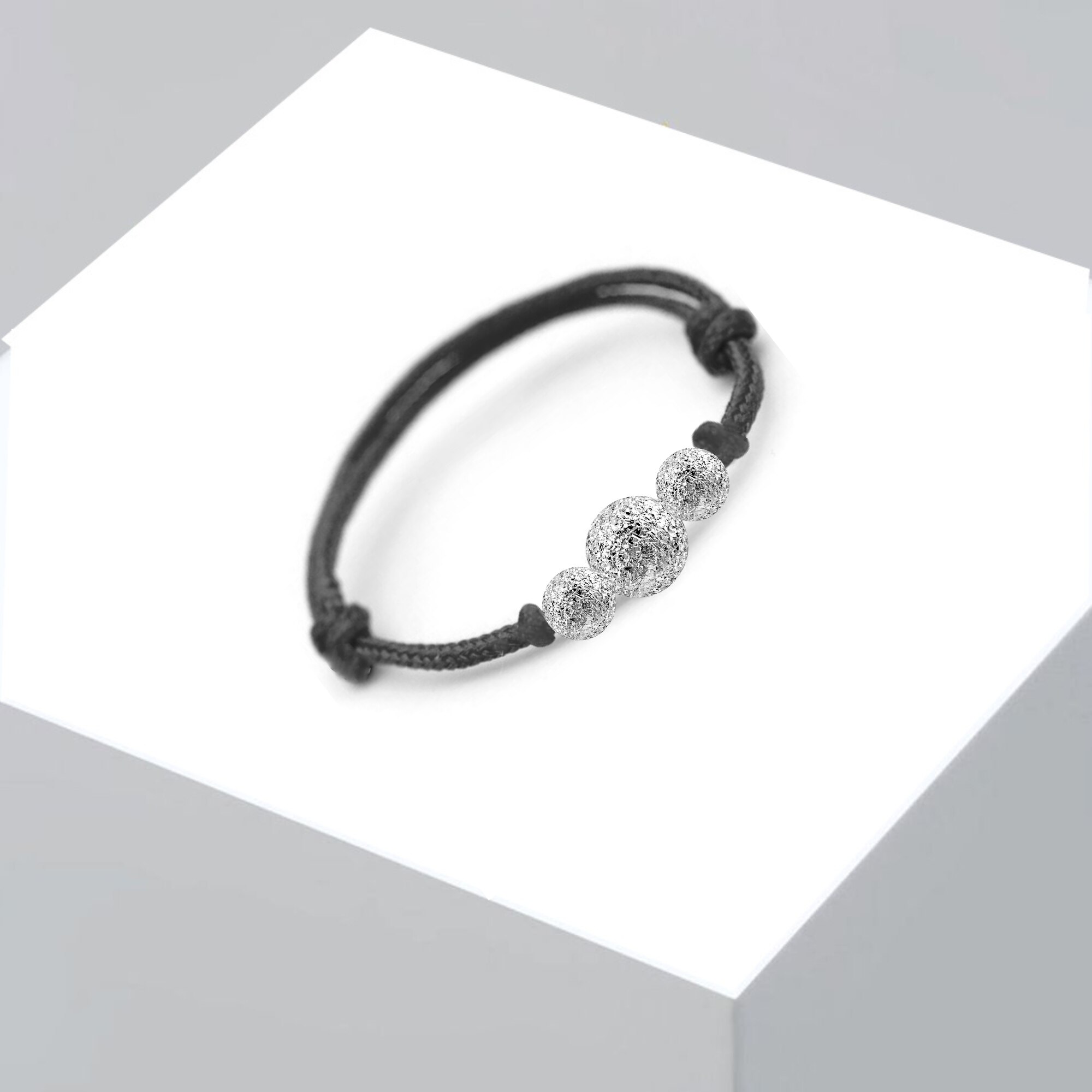 Inel cu Snur Negru si Argint 925, GlassIdeas, 3 Bile Argintii Placate ...