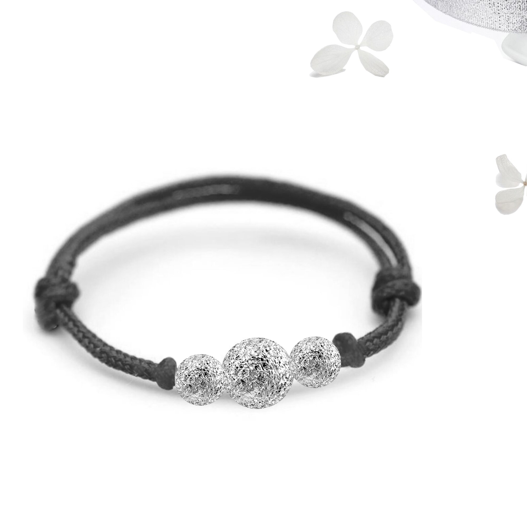 Inel cu Snur Negru si Argint 925, GlassIdeas, 3 Bile Argintii Placate ...