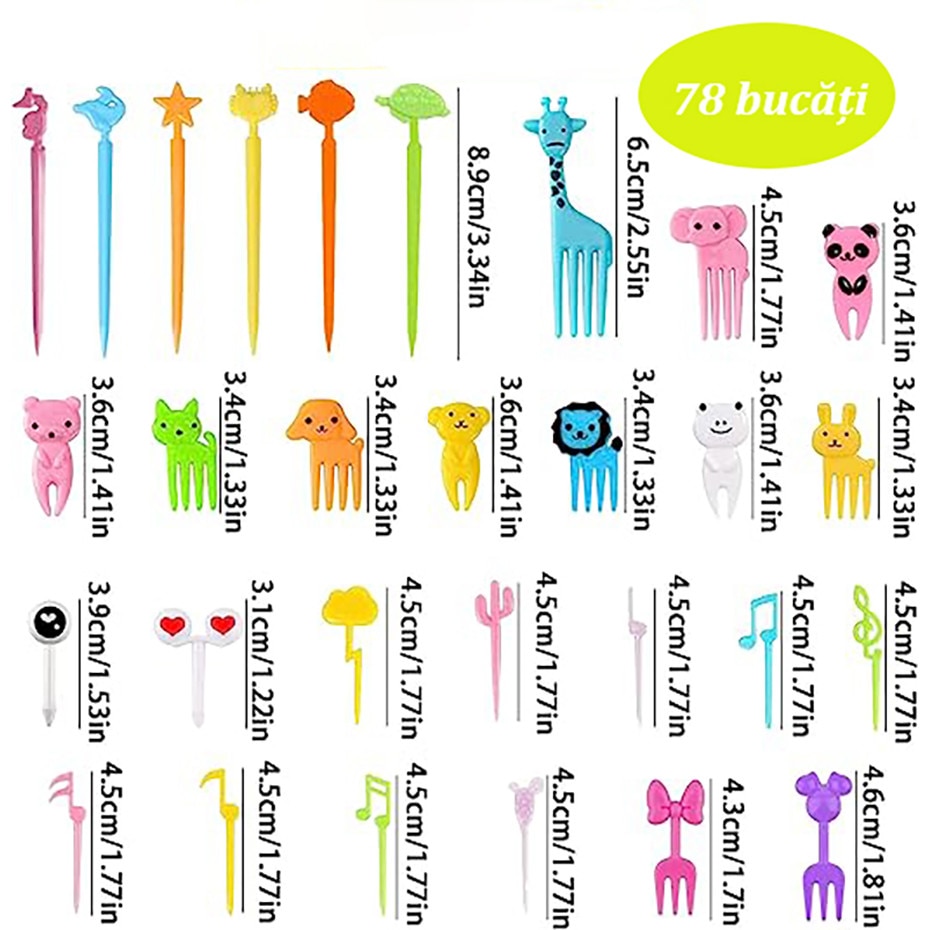 Set 78 buc mini furculite si scobitori decorative pentru tort, salata ...