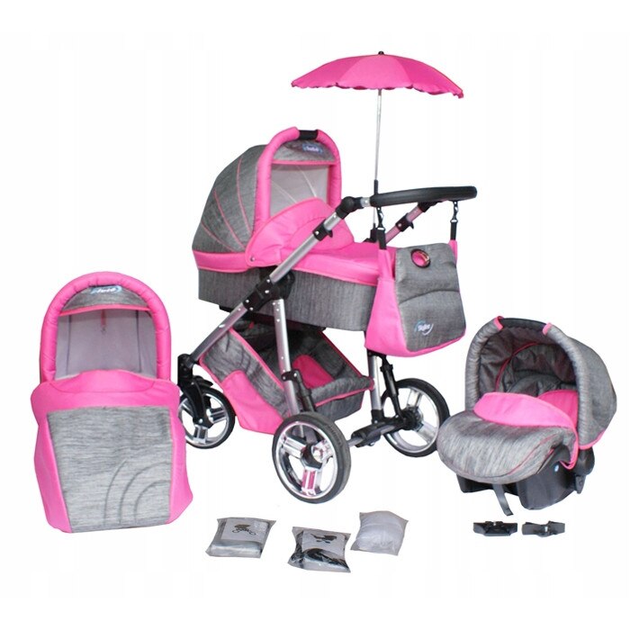 Carucior 3in1 pentru bebelusi, Skyline, Aluminiu, 13 kg, Gri/Roz - eMAG.ro