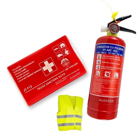 Set trusa sanitara AUTO de prim ajutor DIN13164 + stingator P1 cu ...