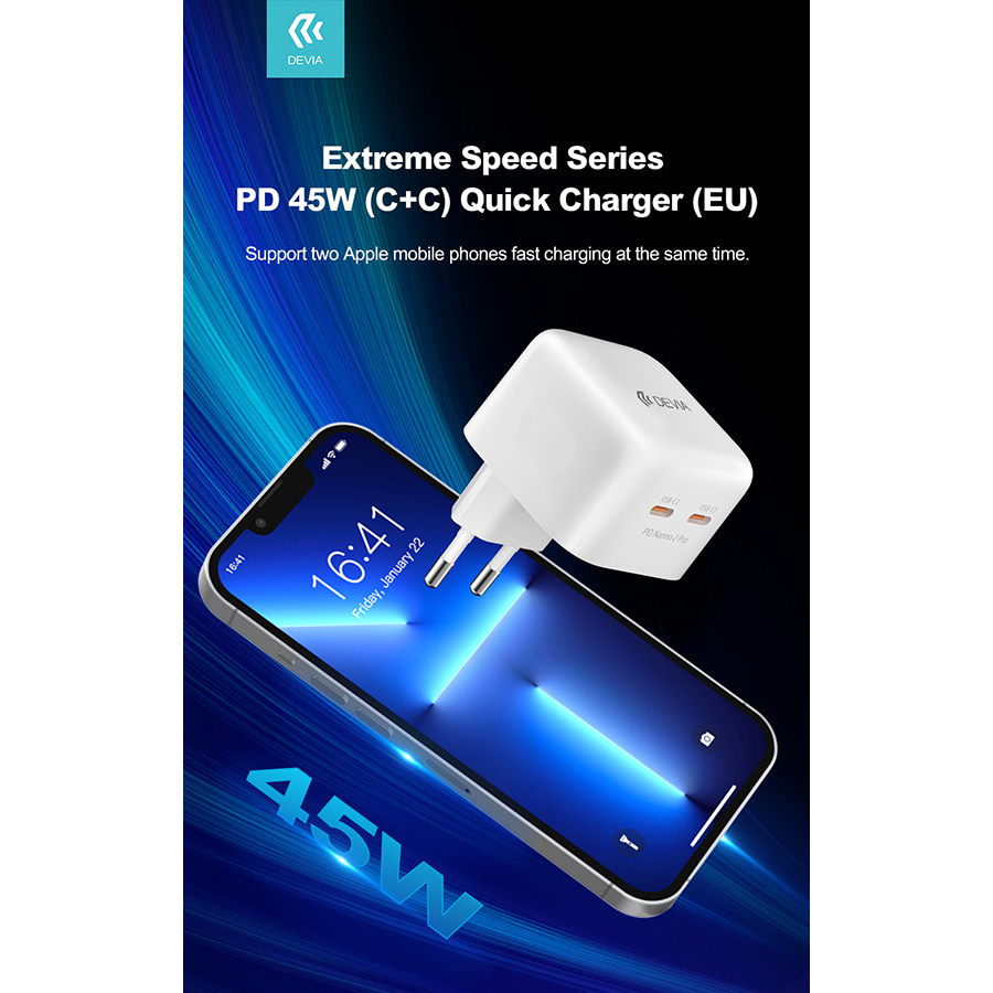 Devia Gan Hálózati Töltő Adapter 2xtype C Bemenettel 45w Devia