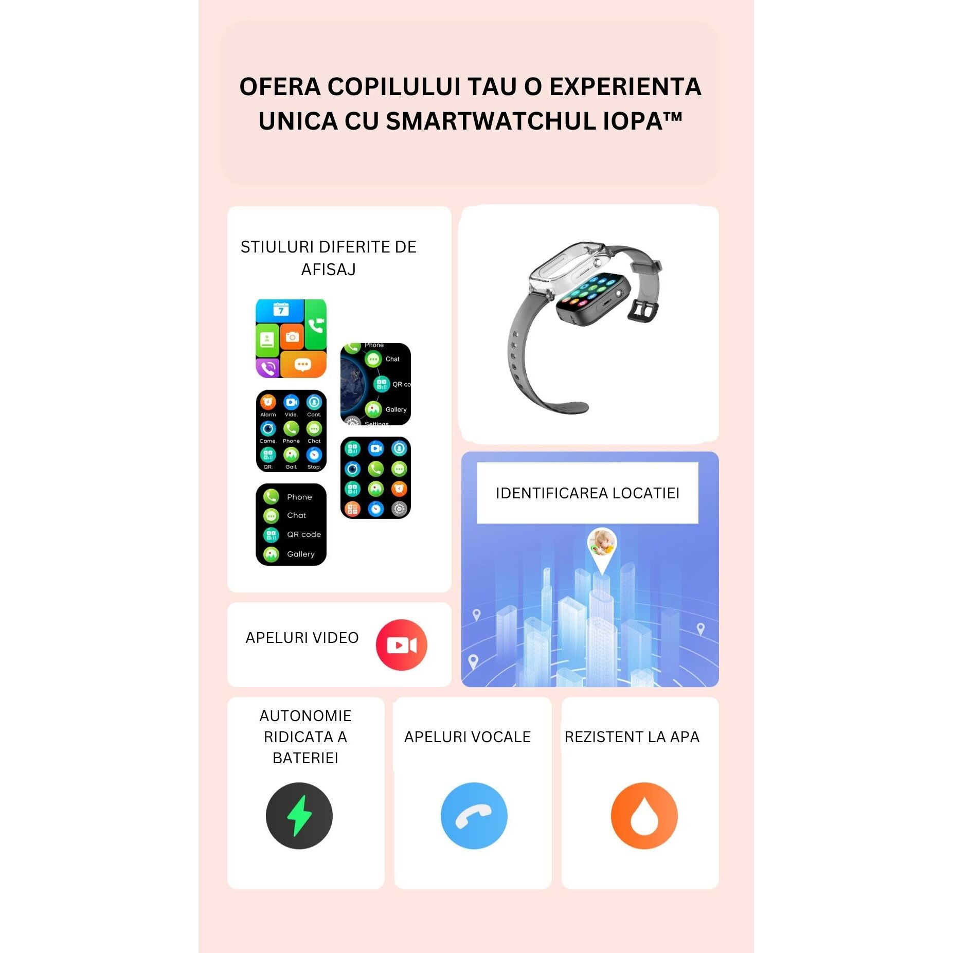 Ceas Smartwatch GPS Copii IOPA™, Functie telefon, 4G, Apeluri video ...