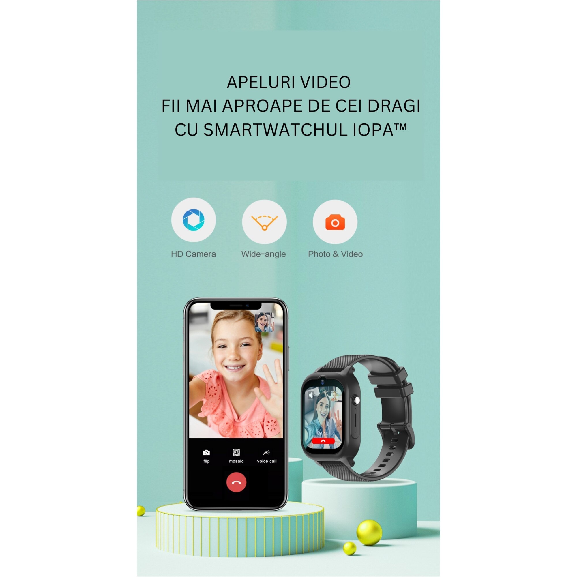 Ceas Smartwatch GPS Copii IOPA™, Functie telefon, 4G, Apeluri video ...