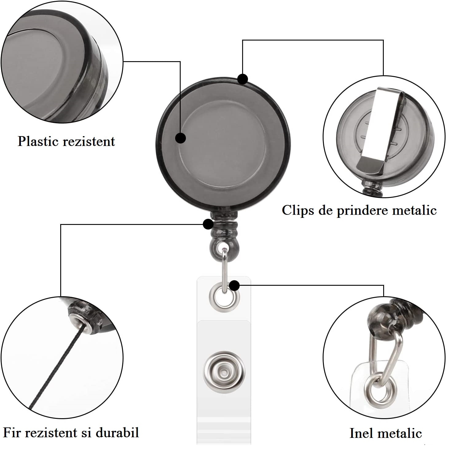 Snur retractabil pentru ecuson negru, FLR, 10 buc/set, cu clips, pentru legitimatie - eMAG.ro