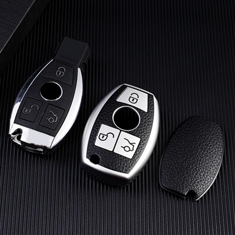 Husa argintiu cu insertii piele pentru cheie Mercedes Benz A B C E GL S ...