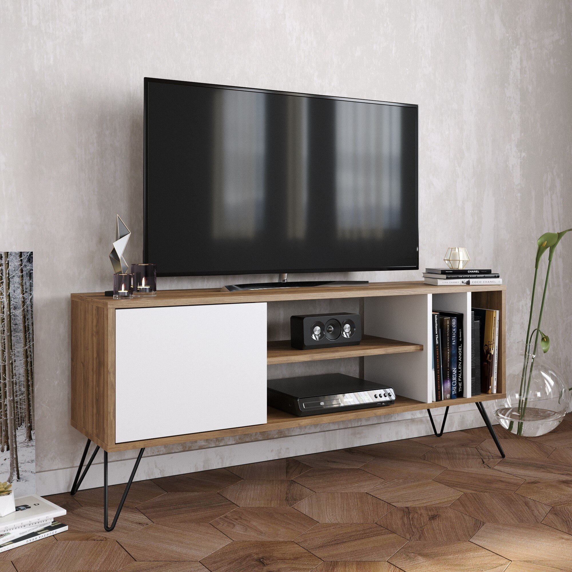 Comoda TV, Mistico, Nuc-Negru-Alb, 140 x 58 x 35 cm - eMAG.ro