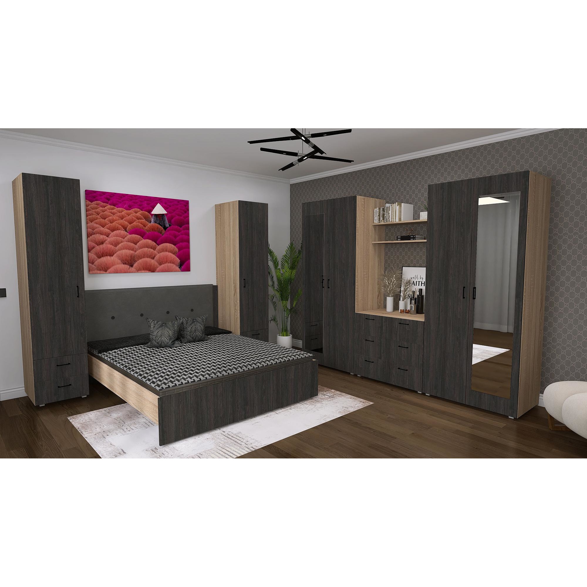 Set Dormitor JUMBO 25, pat 140x200, 4 dulapuri, comoda cu sertare ...