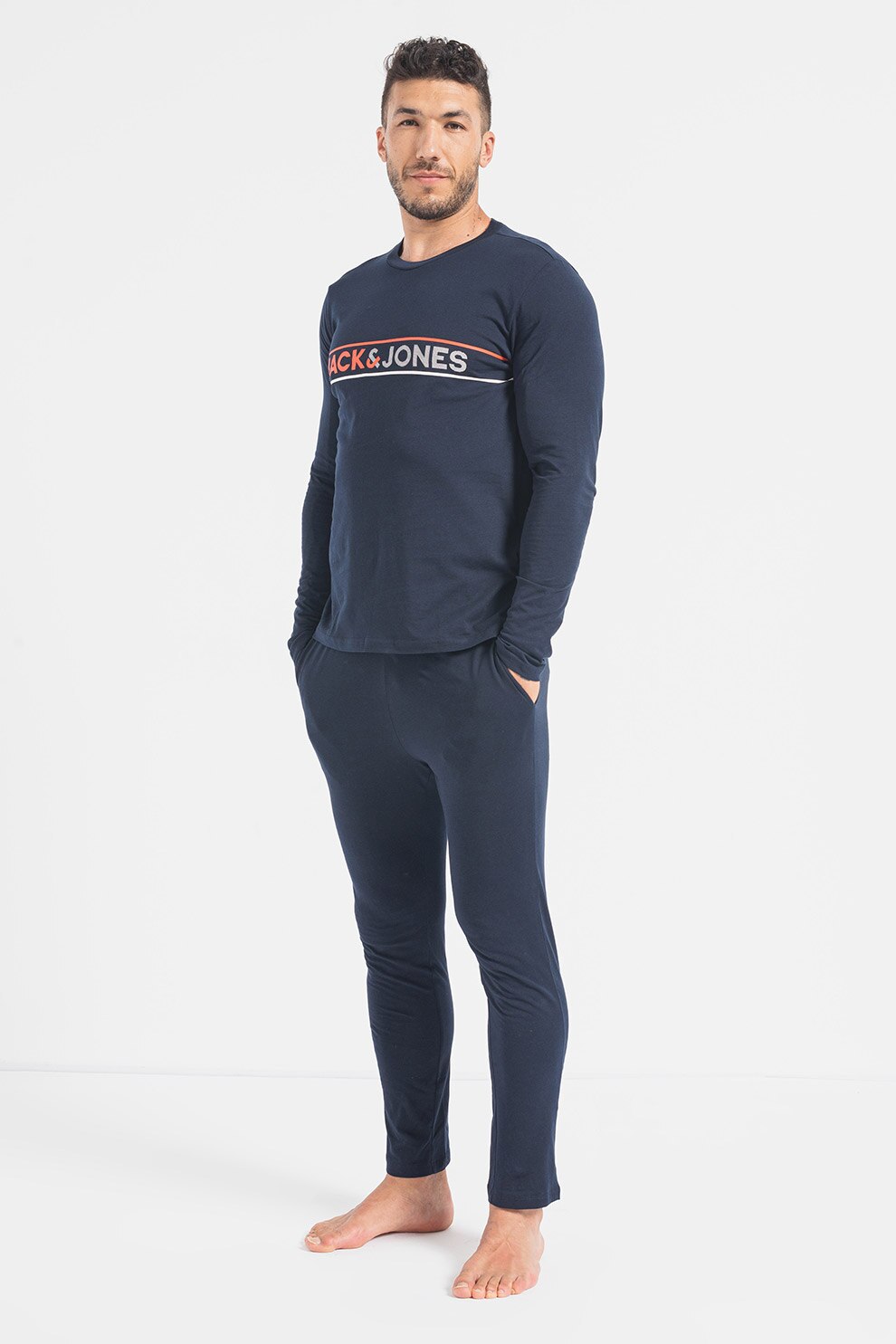 Jack & Jones, Pijama lunga cu imprimeu logo, Albastru marin, M - eMAG.ro